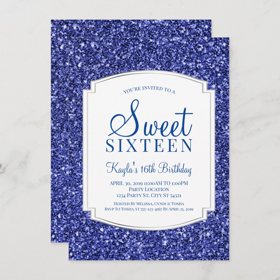 Royal Blue Glitter Sweet 16 Invitations | Zazzle