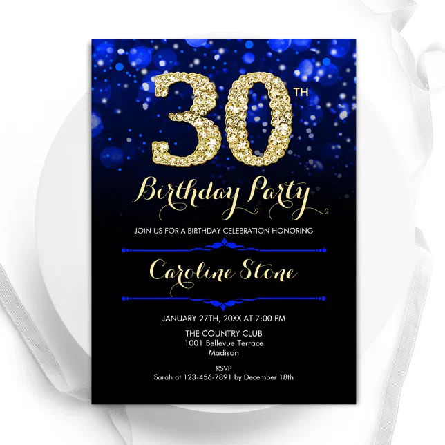Royal Blue Gold 30th Birthday Invitation | Zazzle