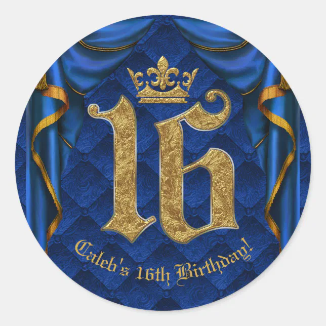 Royal Blue & Gold Crown 16 16th Birthday Party Classic Round Sticker ...