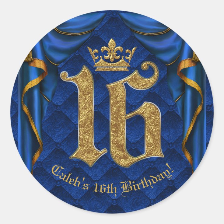 Royal Blue & Gold Crown 16 16th Birthday Party Classic Round Sticker ...