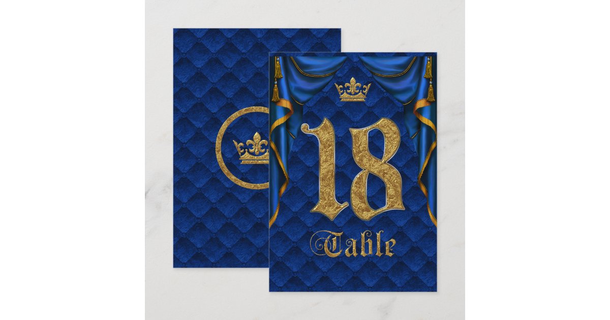 Royal Blue Gold Crown Wedding Table Number 18 | Zazzle
