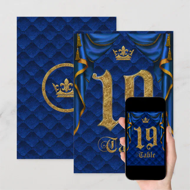 Royal Blue Gold Crown Wedding Table Number 19 | Zazzle