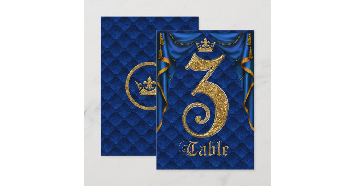 Royal Blue Gold Crown Wedding Table Number 3 | Zazzle