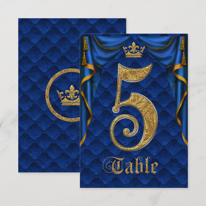 Royal Blue Gold Crown Wedding Table Number 5 | Zazzle.com