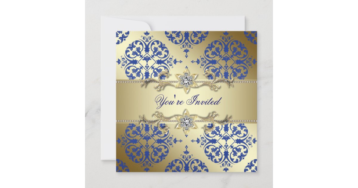 Royal Blue Gold Damask Party Invitations | Zazzle