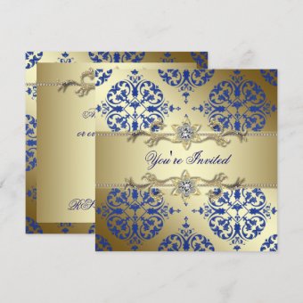 Royal Blue Gold Damask Party Invitations | Zazzle