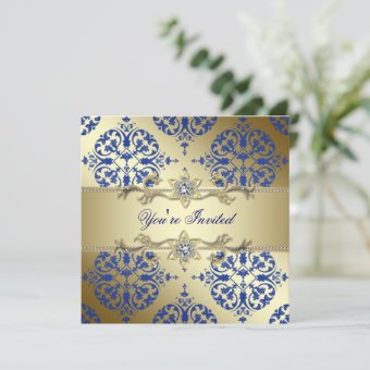 Royal Blue Gold Damask Party Invitations | Zazzle