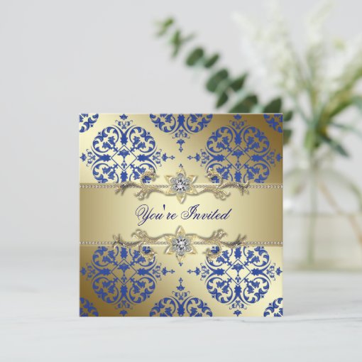 Royal Blue Gold Damask Party Invitations | Zazzle