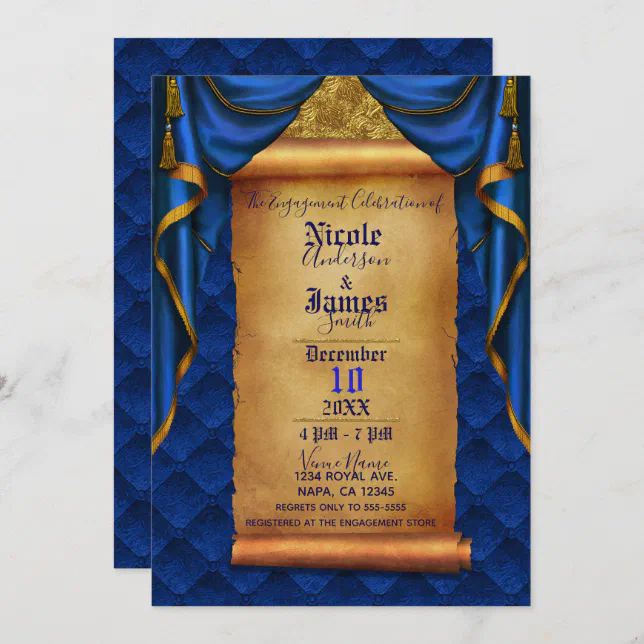 Royal Blue & Gold Drapes Scroll Engagement Party Invitation | Zazzle