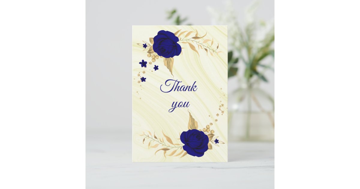 royal blue gold floral thank you card | Zazzle