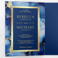 Royal Blue Gold Fluid Ink QR Code Wedding Tri-Fold Invitation | Zazzle