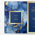Royal Blue Gold Fluid Ink QR Code Wedding Tri-Fold Invitation | Zazzle