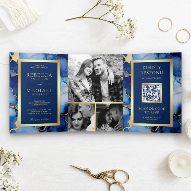 Royal Blue Gold Fluid Ink QR Code Wedding Tri-Fold Invitation | Zazzle
