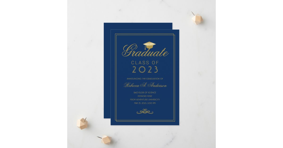 Royal Blue Gold Grad Cap College Graduation Announcement | Zazzle