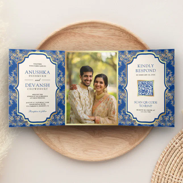 Royal Blue Gold Lace QR Code Photo Indian Wedding Tri-Fold Invitation ...