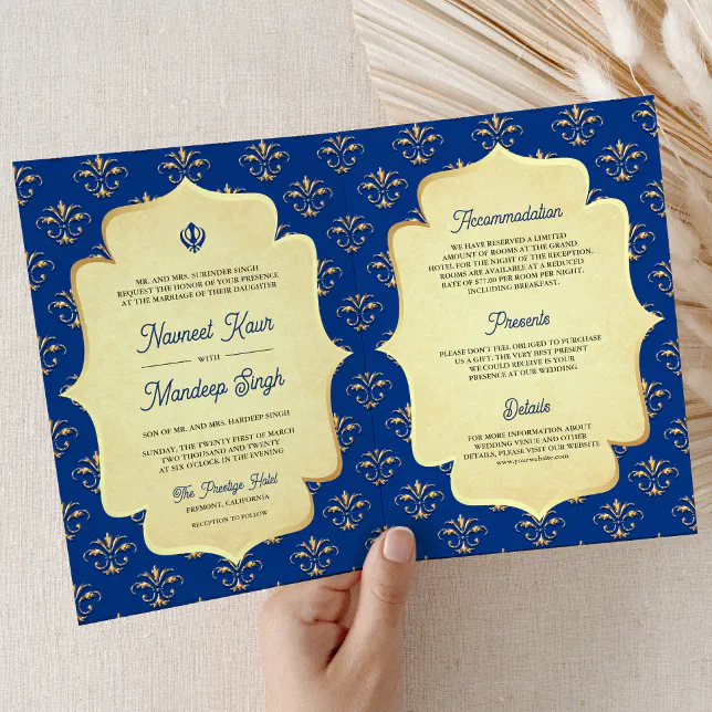Royal Blue Gold Ornate Anand Karaj Sikh Wedding Invitation | Zazzle