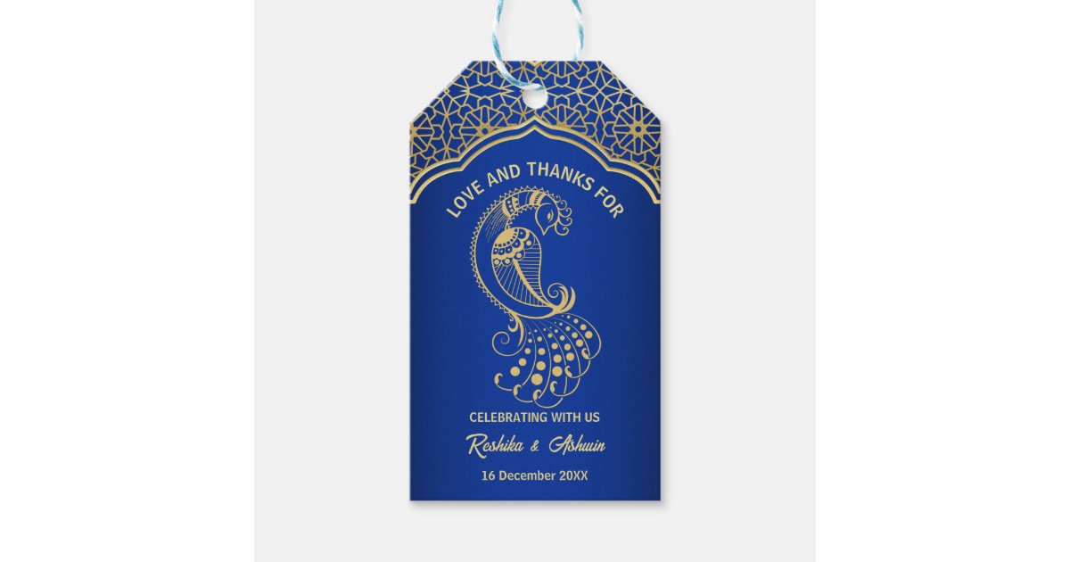 Royal blue gold peacock Indian Arabian design Gift Tags | Zazzle