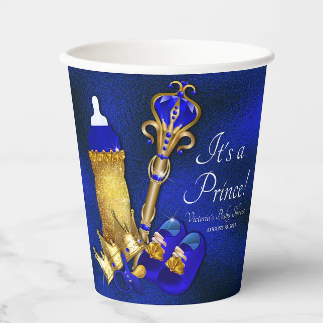 Royal Blue Gold Prince Baby Shower Paper Cups | Zazzle