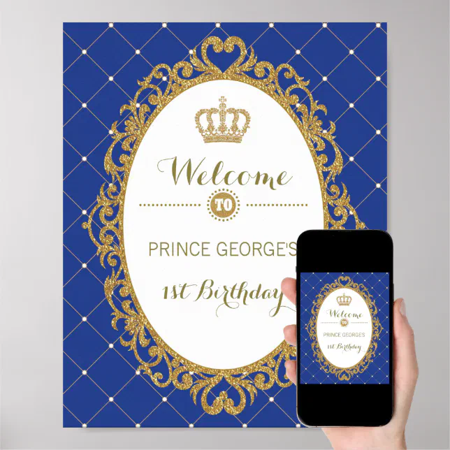 Royal Blue Gold Prince Birthday Party Welcome Sign | Zazzle