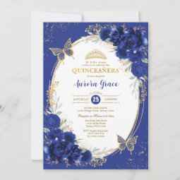 Royal Blue Gold Quinceañera Floral Butterfly Tiara Invitation | Zazzle