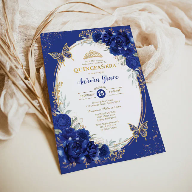 Royal Blue Gold Quinceañera Floral Butterfly Tiara Invitation | Zazzle