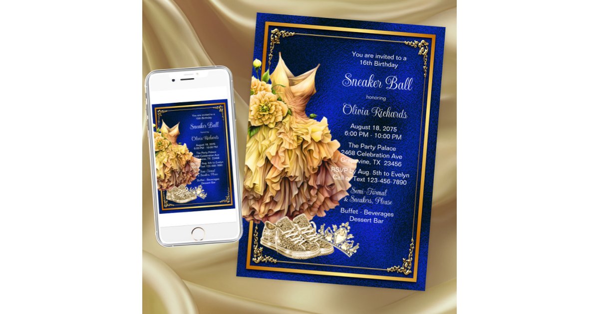 Royal Blue Gold Sneaker Ball Invitation | Zazzle