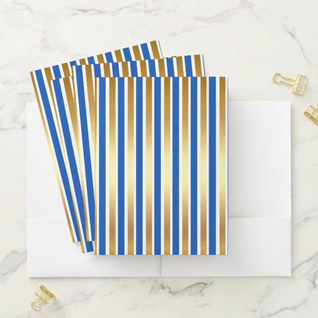 ROYAL BLUE GOLD WHITE SHINY STRIPES POCKET FOLDER | Zazzle