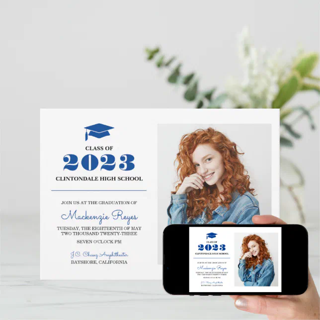 Royal Blue Grad Cap - Simple Photo Graduation Invitation | Zazzle