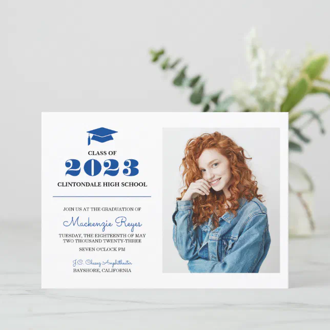 Royal Blue Grad Cap - Simple Photo Graduation Invitation | Zazzle