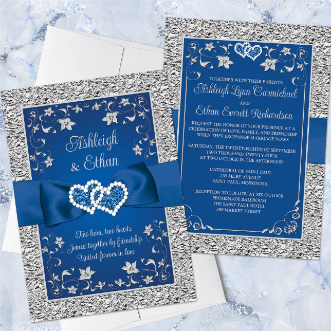 Royal Blue, Gray Love Hearts Wedding Invitation | Zazzle