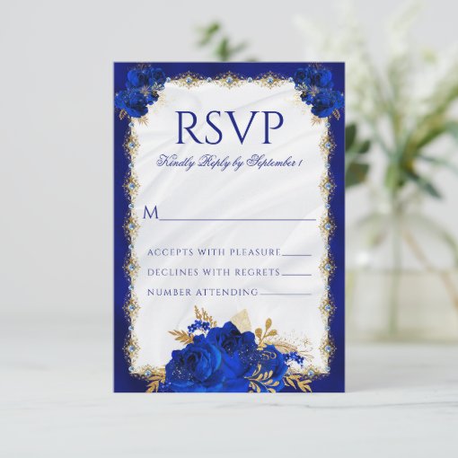 Royal Blue Metallic Elegant Floral Wedding RSVP Card | Zazzle