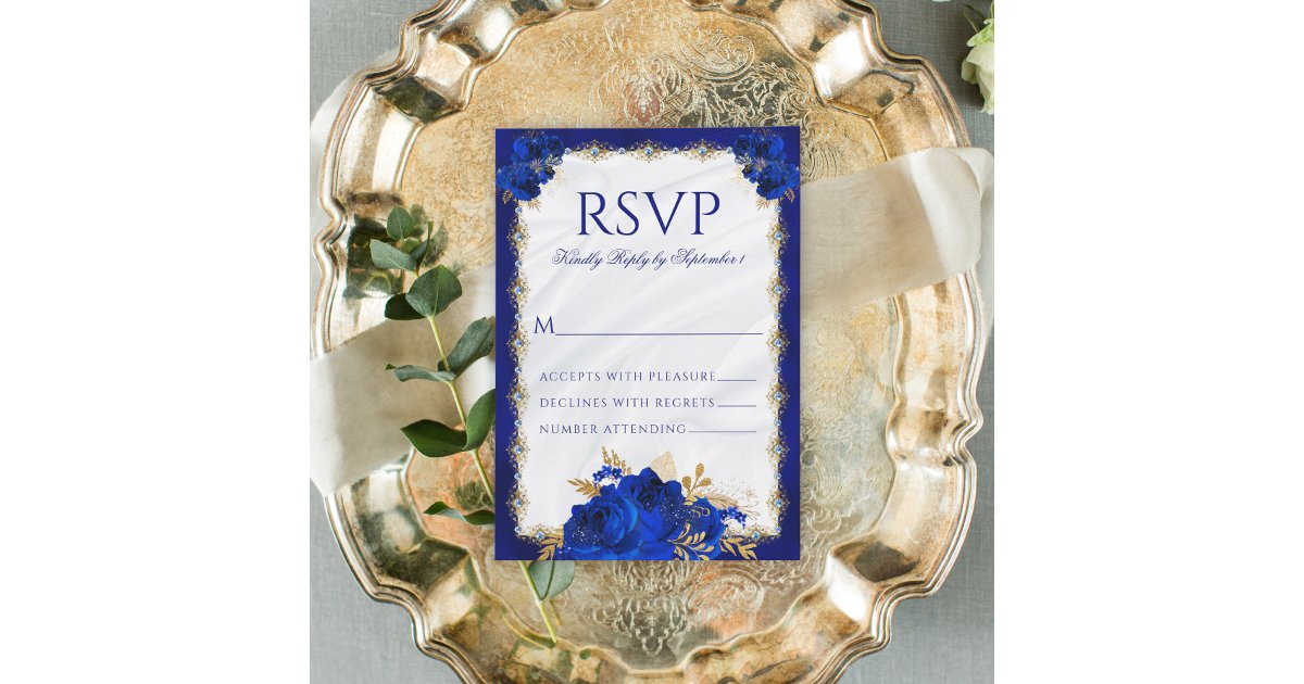 Royal Blue Metallic Elegant Floral Wedding RSVP Card | Zazzle
