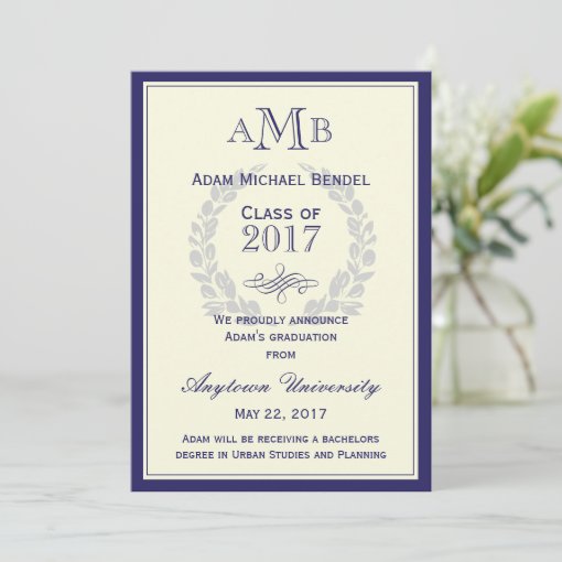 Royal Blue Monogram Graduation Announcement | Zazzle