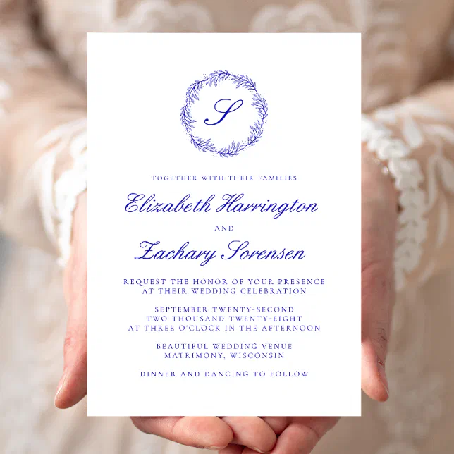 Royal Blue Monogram Wreath Script Wedding Invitation | Zazzle