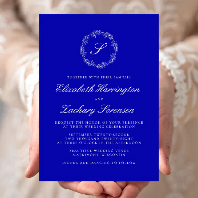 Royal Blue Monogram Wreath White Script Wedding Invitation | Zazzle
