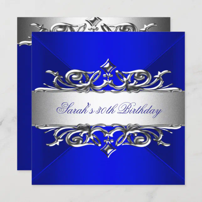 Royal Blue On Silver 30th Birthday Party Invitation | Zazzle