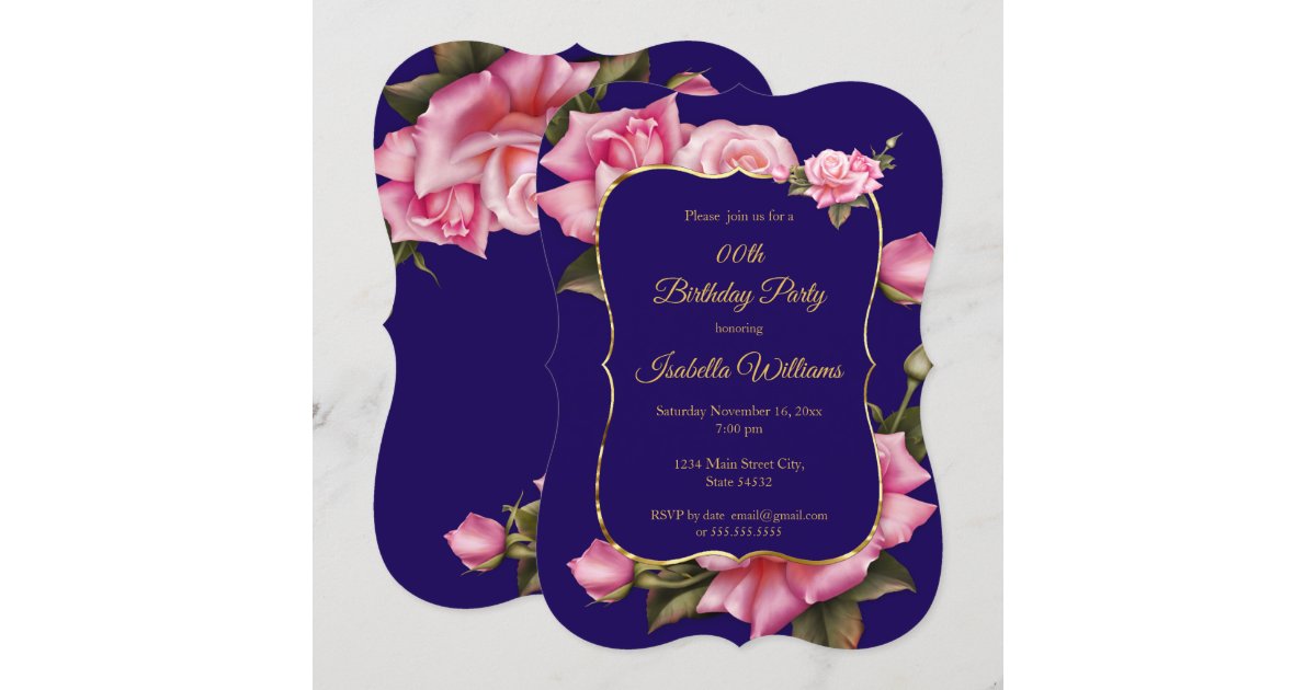 Royal Blue pink Rose floral Gold Birthday Party Invitation | Zazzle