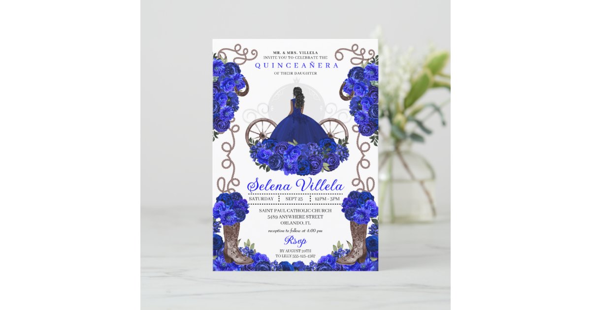 Royal Blue Princess Dress & Boots Quinceanera Invitation | Zazzle