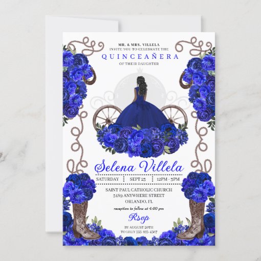 Royal Blue Princess Dress & Boots Quinceanera Invitation | Zazzle