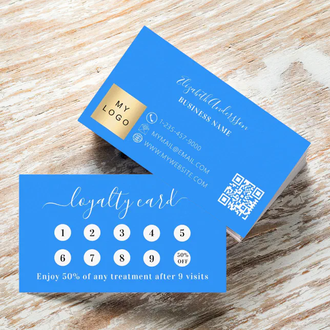 Royal blue qr code business logo loyalty card | Zazzle