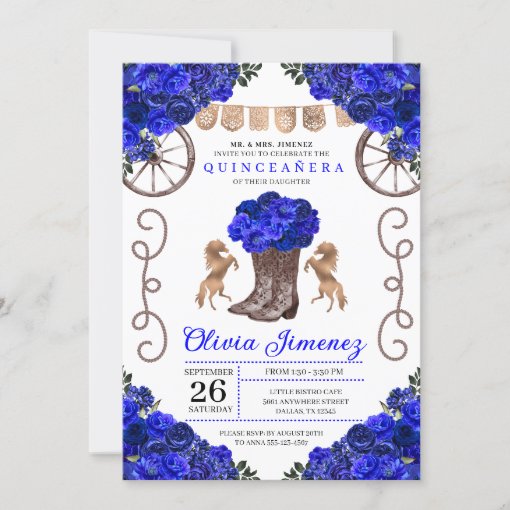 Royal Blue Ranchero Floral Boots Quinceanera Invitation | Zazzle