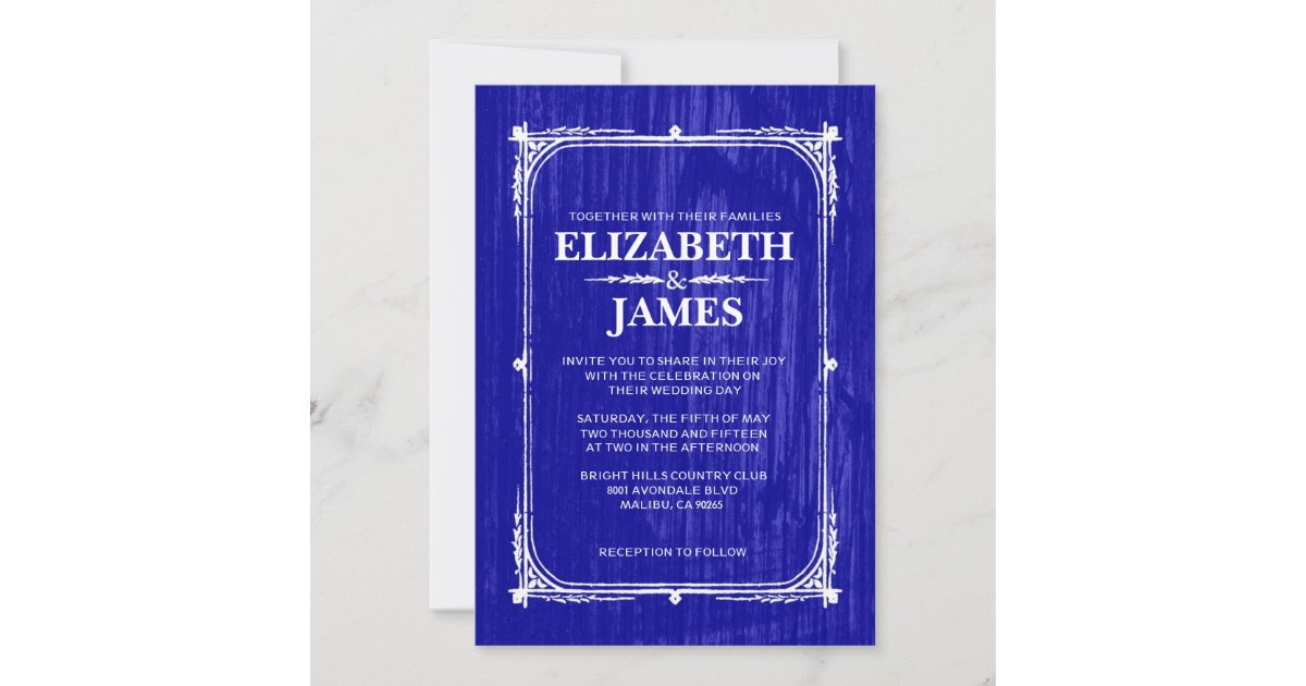 Royal Blue Rustic Barn Wood Wedding Invitations | Zazzle