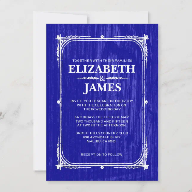 Royal Blue Rustic Barn Wood Wedding Invitations | Zazzle