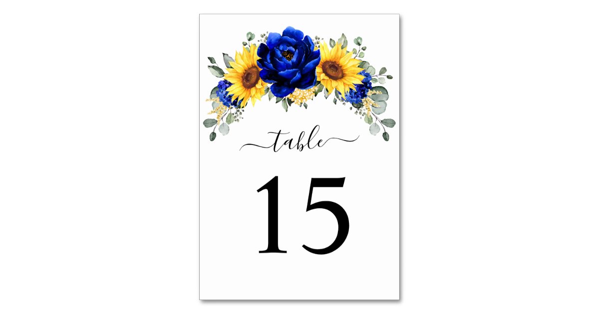 Royal Blue Rustic Sunflower Modern Floral Wedding Table Number | Zazzle