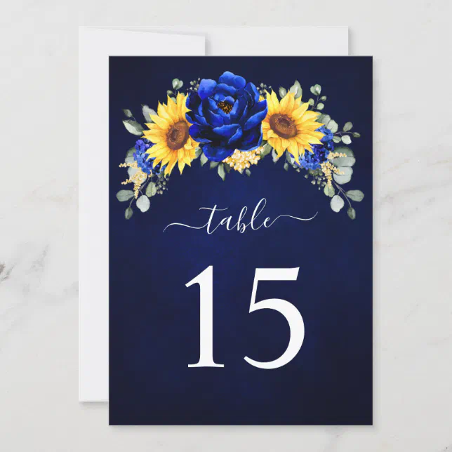 Royal Blue Rustic Sunflower Table Number Card | Zazzle