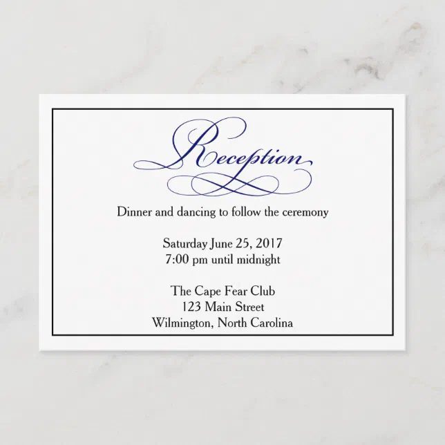 Royal Blue Script Wedding Reception Details Card | Zazzle