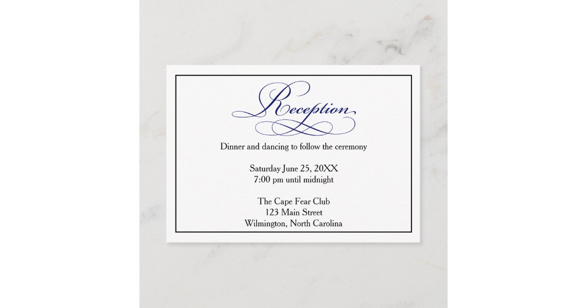 Royal Blue Script Wedding Reception Details Card | Zazzle