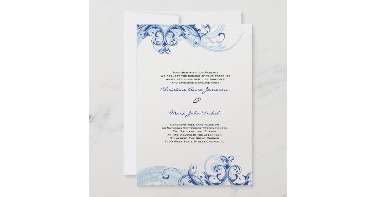 Royal Blue Scroll Fleurish Wedding Invitation | Zazzle