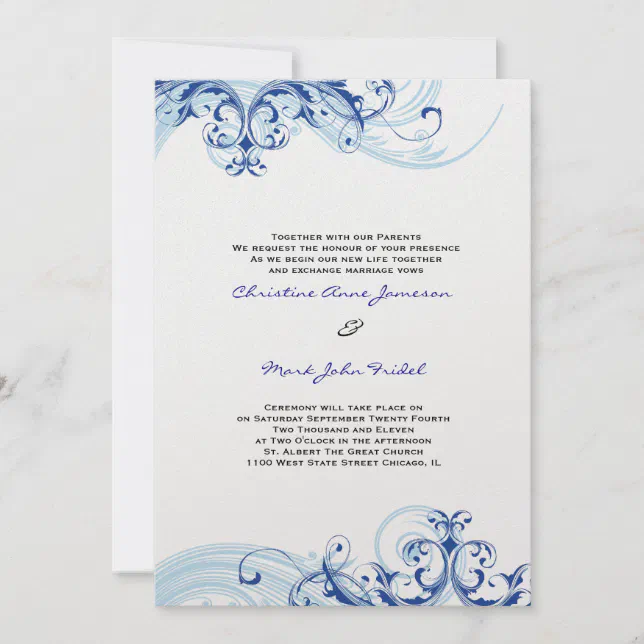 Royal Blue Scroll Fleurish Wedding Invitation | Zazzle