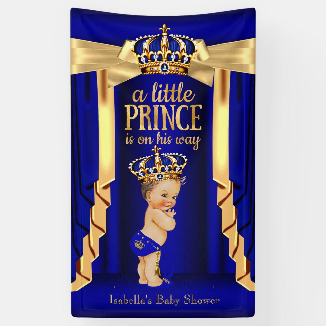 Royal Blue Silk Gold Crown Baby Shower Brunette Banner | Zazzle